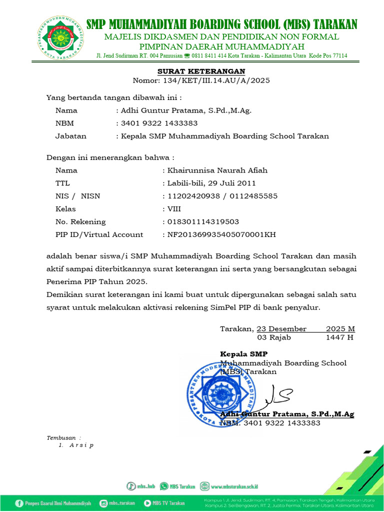 Surat Keterangan Siswa MBS Tarakan | PDF