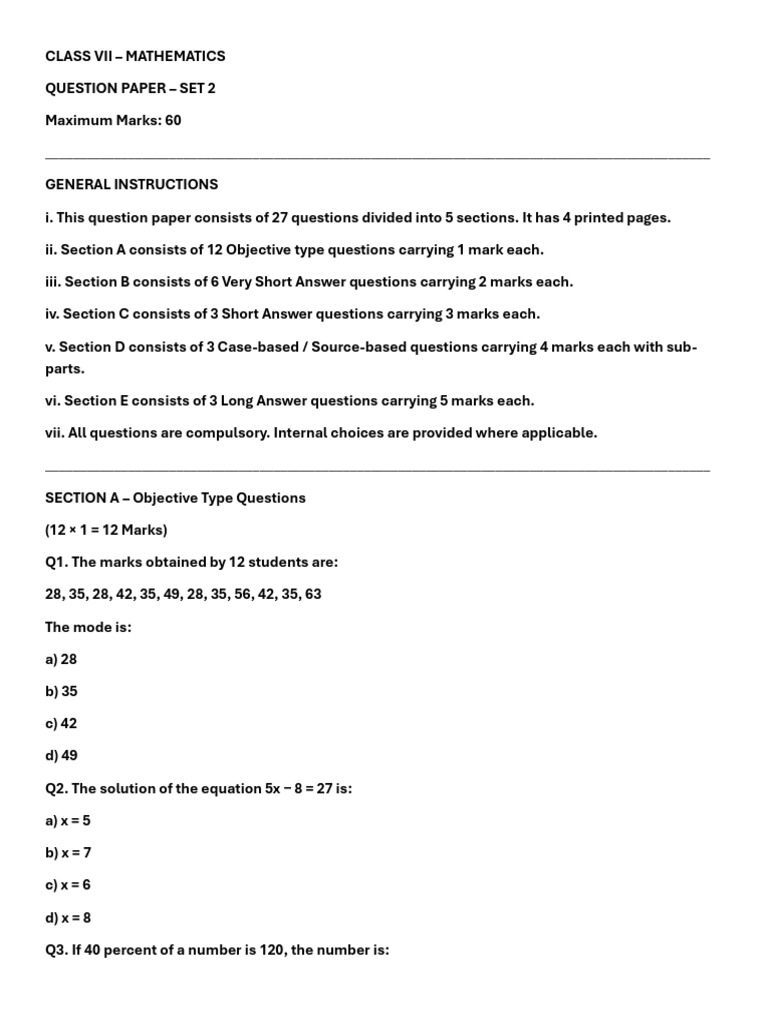 Class VII Mathematics Question Paper Set 2 | PDF | Area | Mathematics