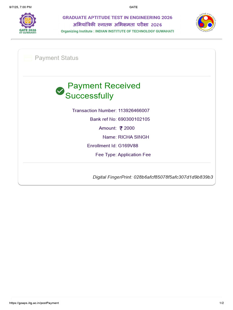 GATE Application Fee Payment Confirmation | PDF