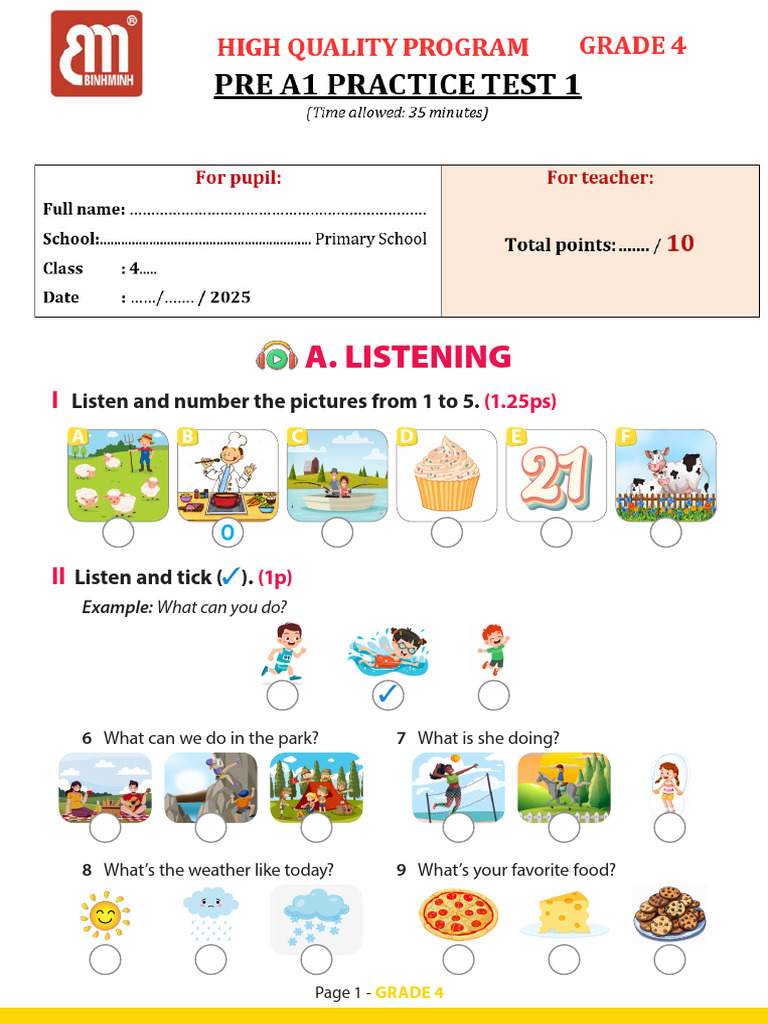 Grade 4 Listening and Reading Test | PDF