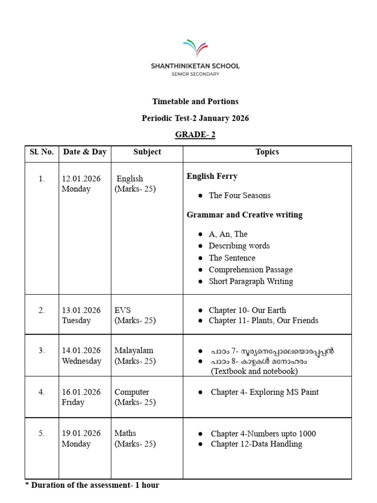 Timetable and Portions Grade 2 - PA 2 | PDF