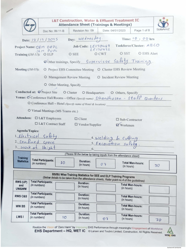 Training Attendance Sheet PU Dhadhusan | PDF