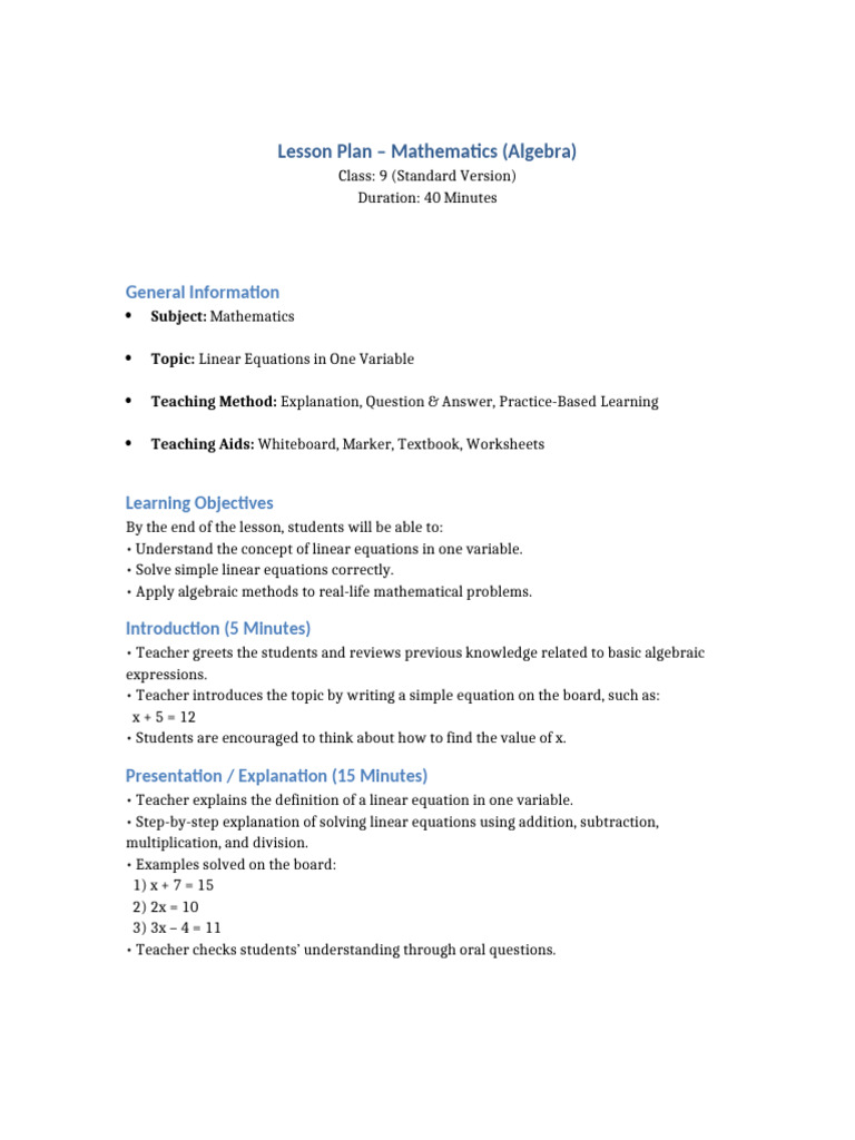 Algebra Lesson Plan: Linear Equations | PDF