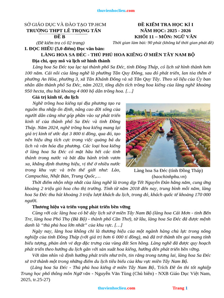 Thuvienhoclieu.com de Kiem Tra HK1 Ngu Van 11 THPT Le Trong Tan TP HCM 25 26 | PDF