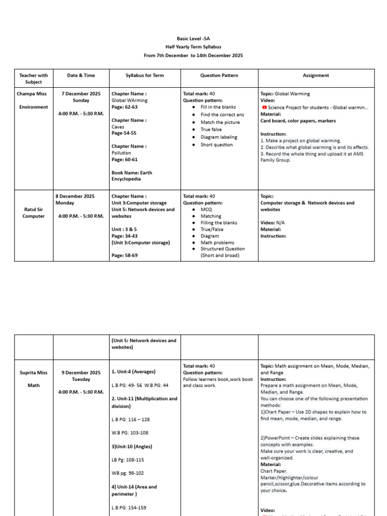 2025-2026 Session Half Yearly Term December Syllabus & Routine 5A | PDF ...