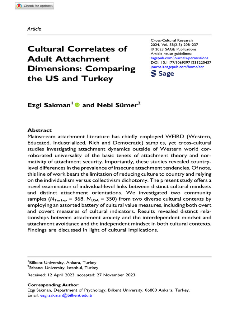 Sakman Sümer 2024 Cultural Correlates of Adult Attachment Dimensions ...