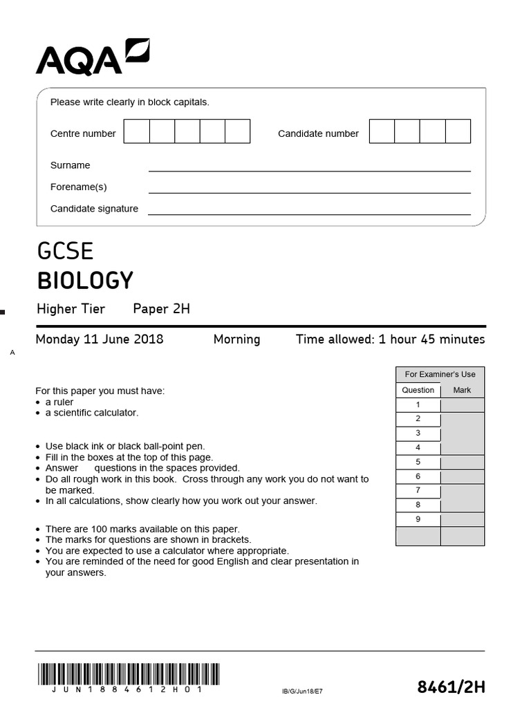 GCSE Biology Higher Tier Exam Paper | PDF | Reproduction | Cell Growth