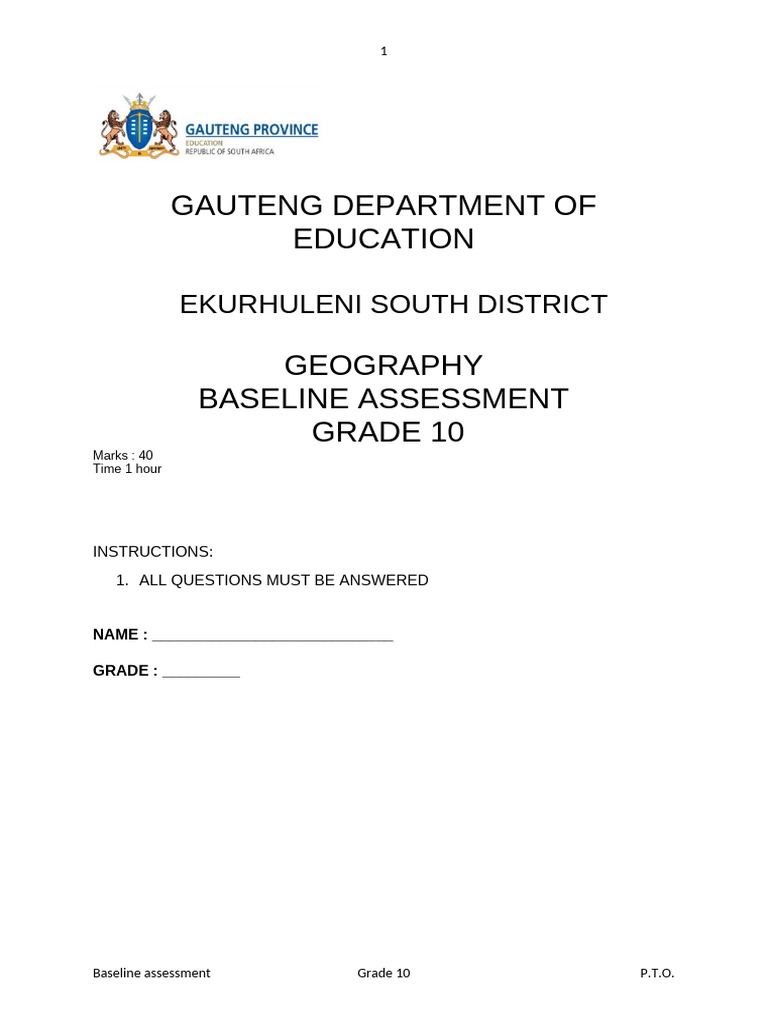 Grade 10 Geography Baseline Assessment | PDF | Contour Line | Slope