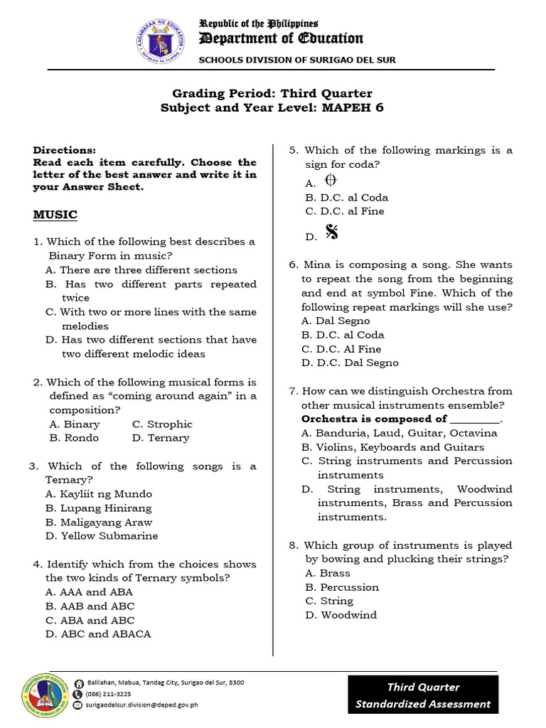 Third Quarter MAPEH Assessment 6 | PDF | Musical Forms