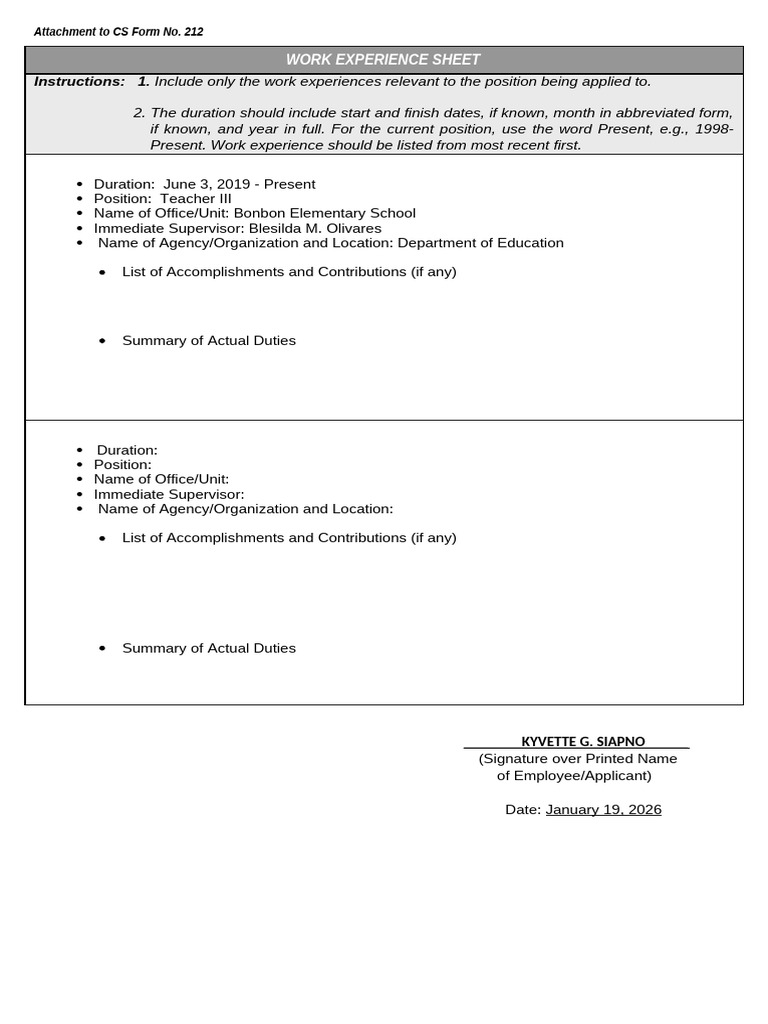 CS Form No 212 Work Experience Sheet KYVETTE | PDF