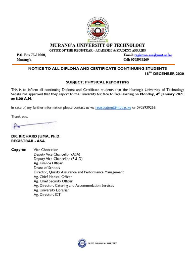 Memo To Diploma Students On Reporting Dates | PDF
