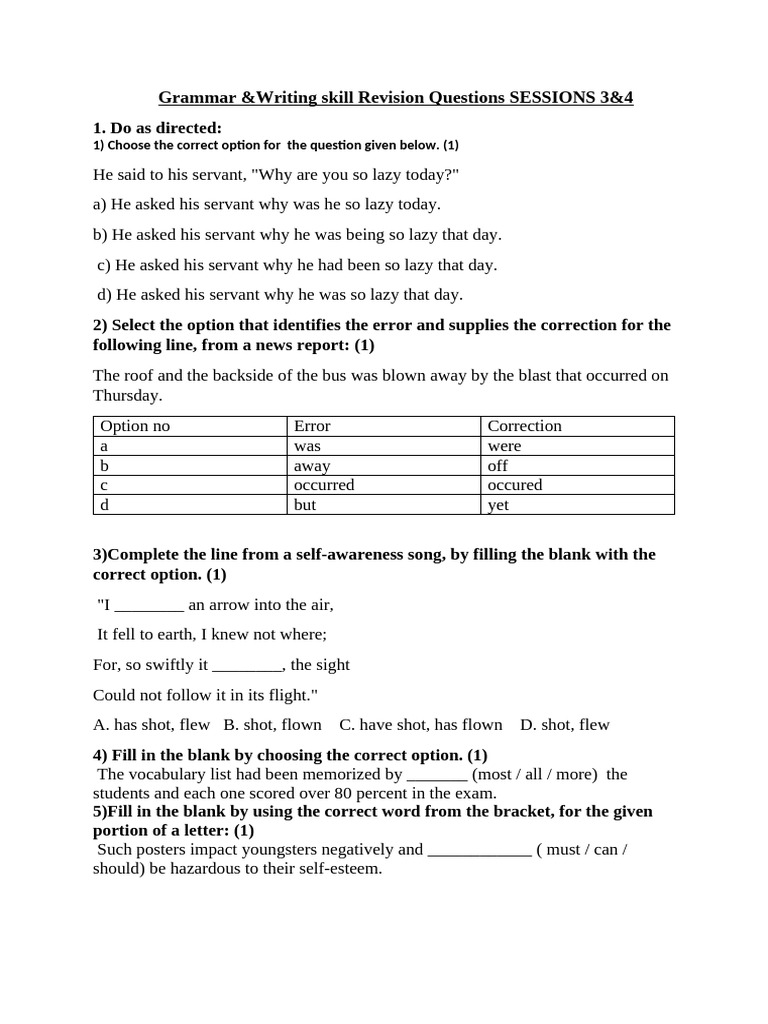 Grammar & Writing Skill Revision Paper | PDF | Question