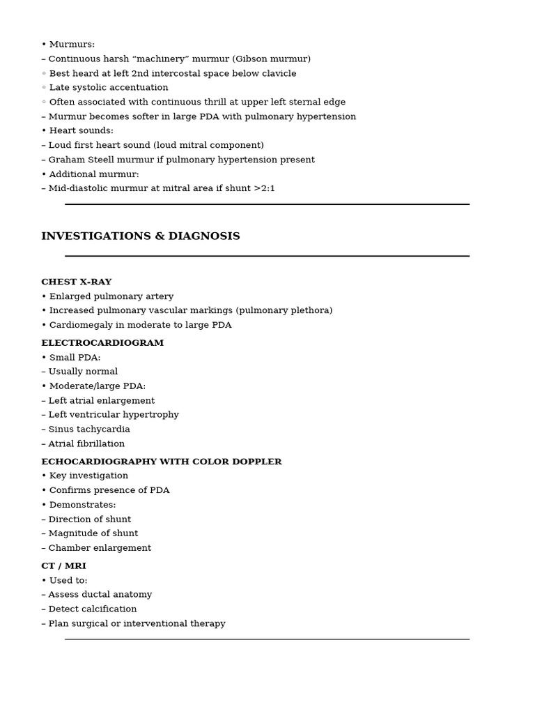 PDA Clinical Features Investigations Management MBBS Notes | PDF ...
