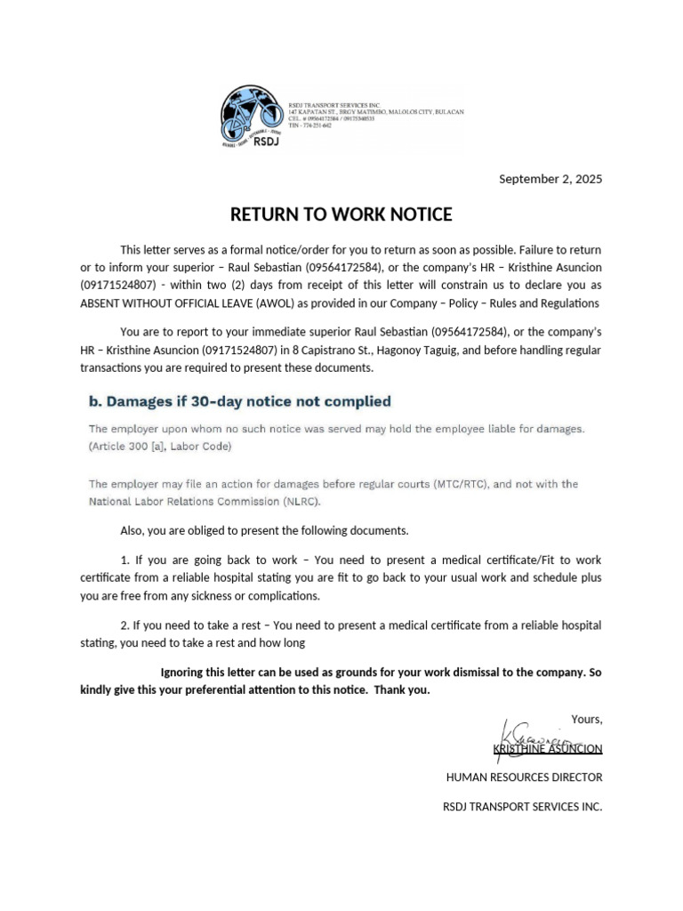 Return To Work Notice | PDF