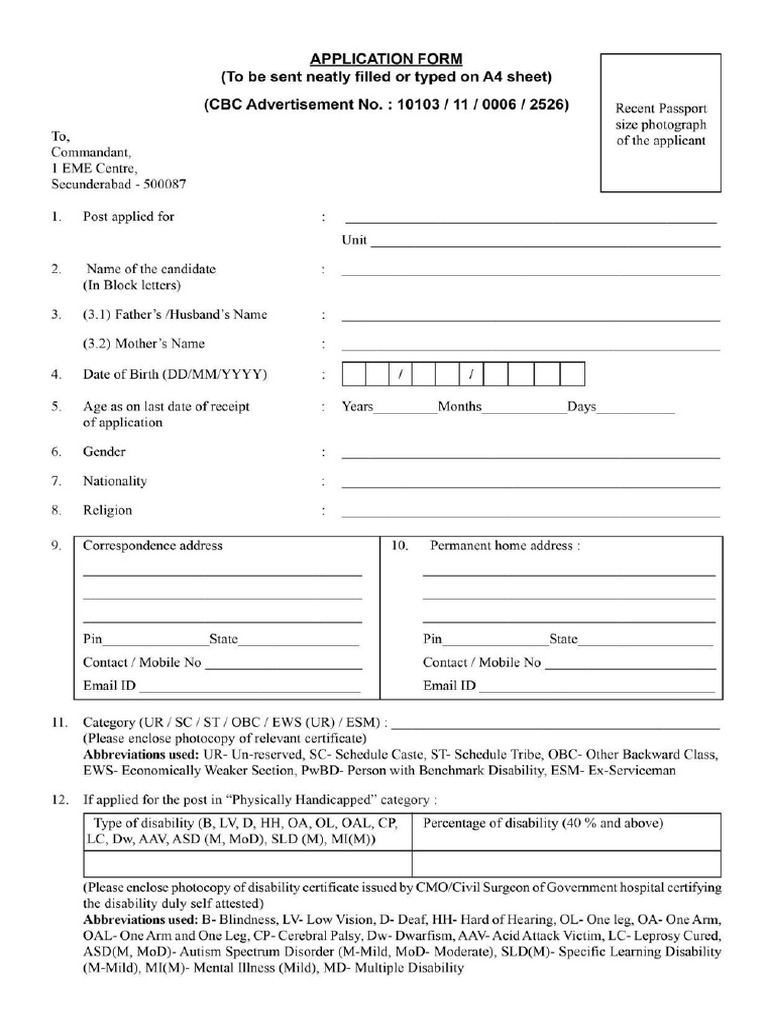 Indian Army DG EME Recruitment 2025 Application Form | PDF