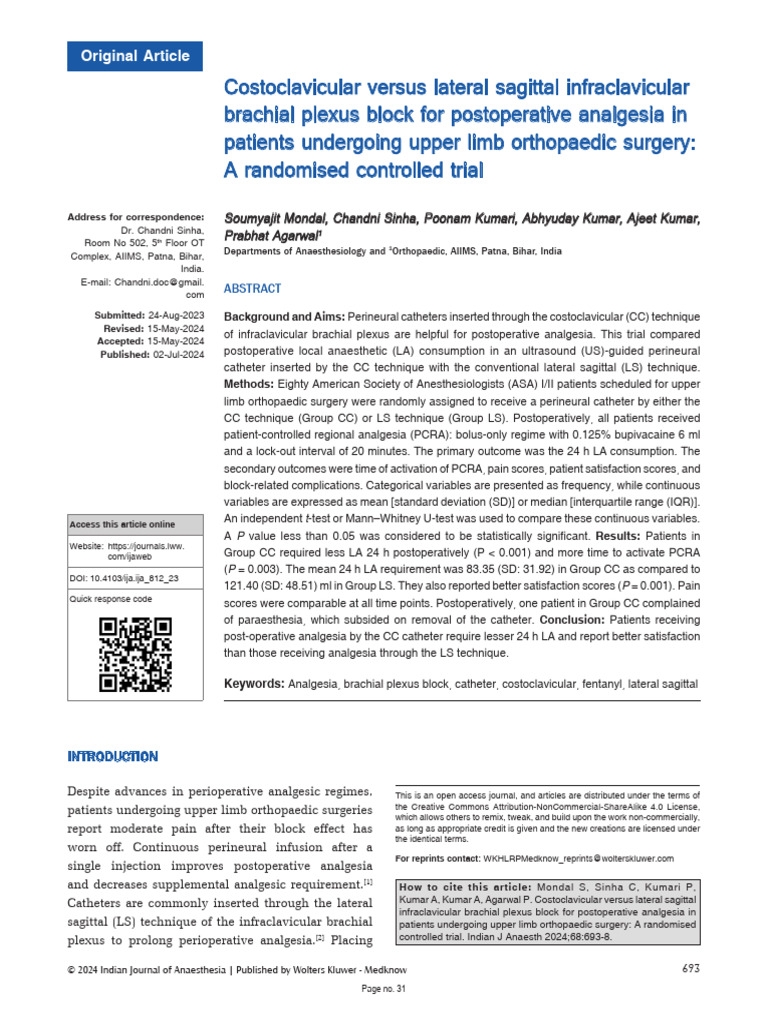 Costoclavicular vs. Lateral Sagittal Block | PDF | Anesthesia | Medical ...