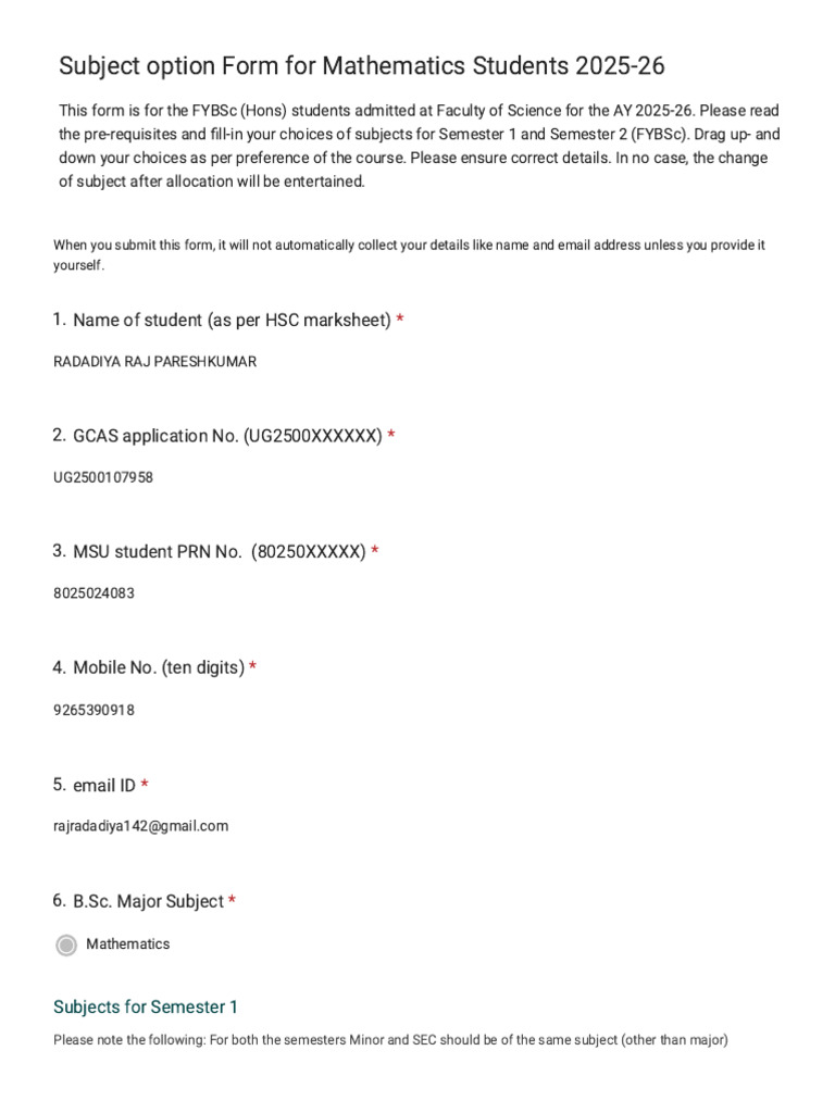 Mathematics Subject Selection Form 2025-26 | PDF | Science