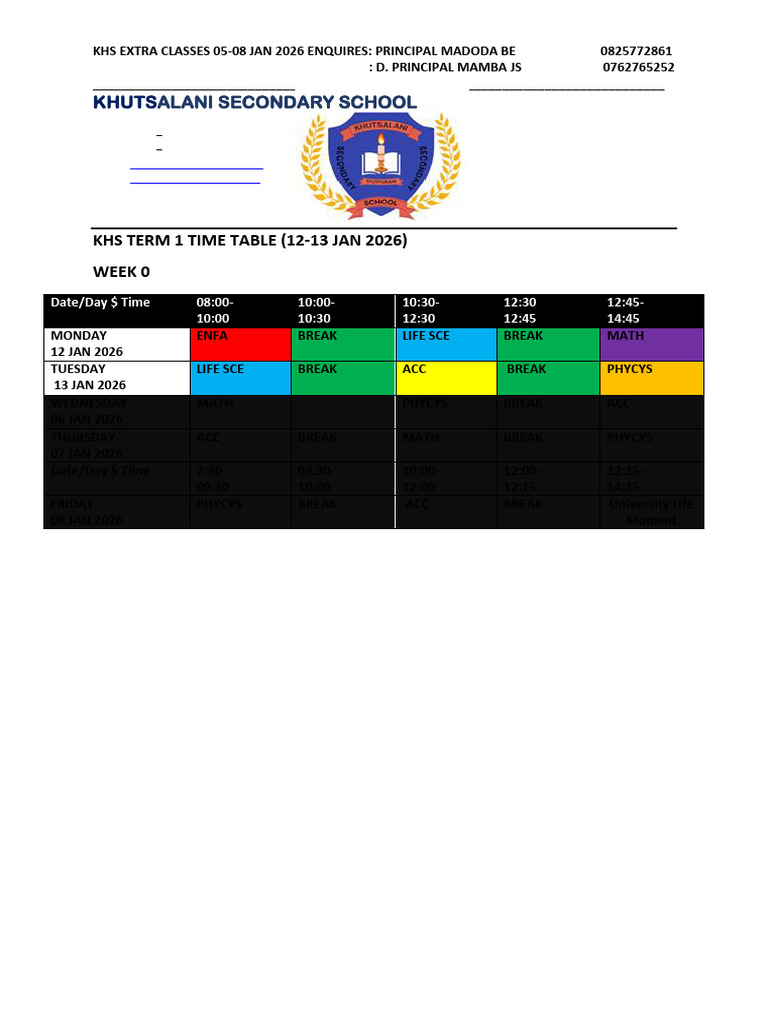 KHS Extra Classes Schedule Jan 2026 | PDF