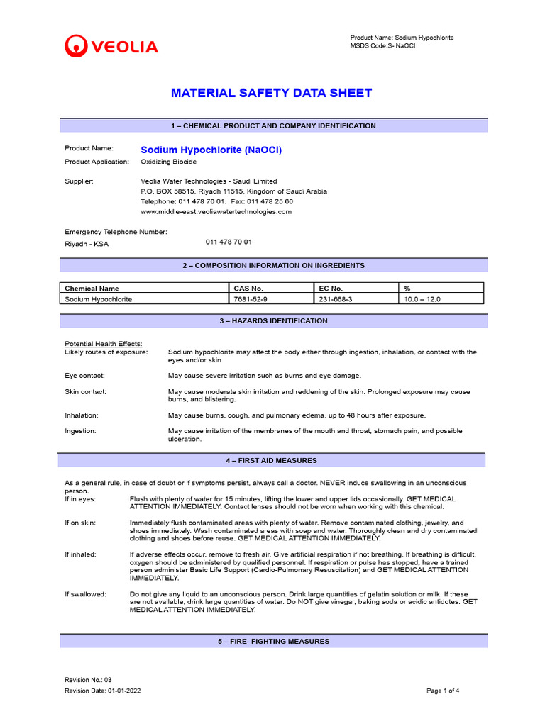 Sodium Hypochlorite MSDS Guide | PDF | Chlorine | Chemical Substances