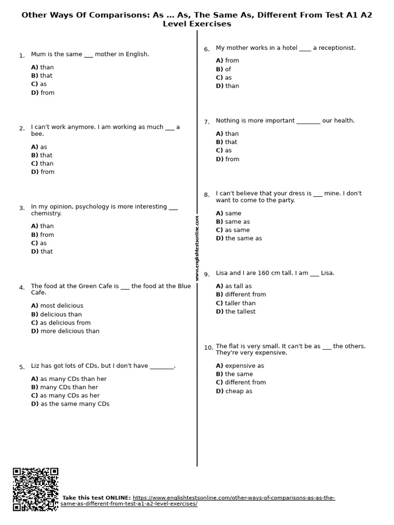 Comparison Exercises for A1-A2 English | PDF | Chess Theory | Chess