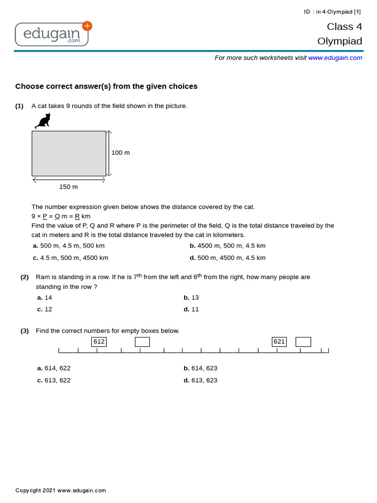 MATH EDUGAIN Grade 4 Olympiad in | PDF | Arithmetic | Mathematics