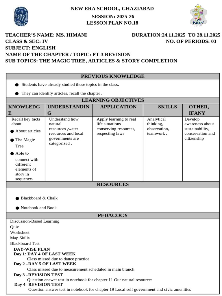 Class IV English Lesson Plan: PT-3 Revision | PDF | Lesson Plan | Learning