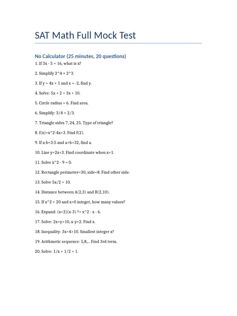 SAT Math Mock Test: No Calculator | PDF