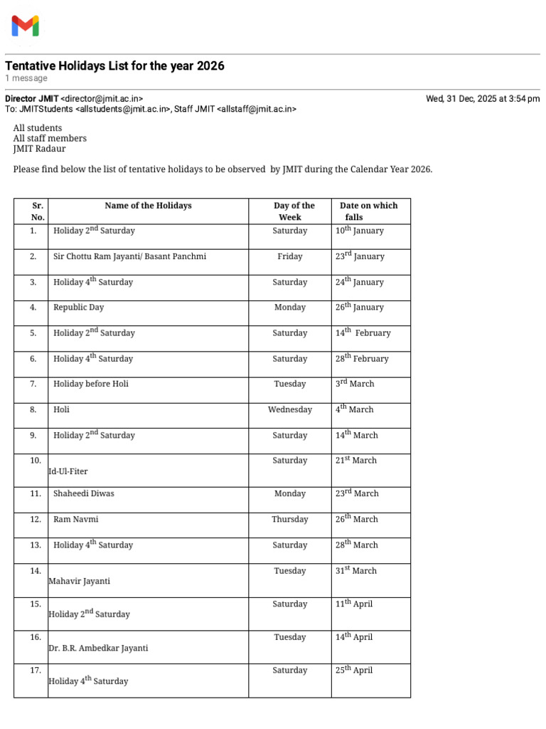 JMIT 2026 Tentative Holidays List | PDF