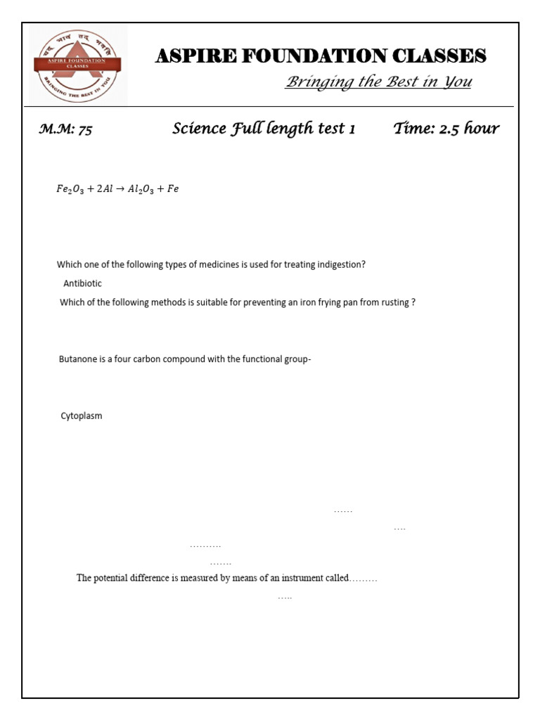 Full Length Science Test | PDF | Chemistry | Chemical Substances