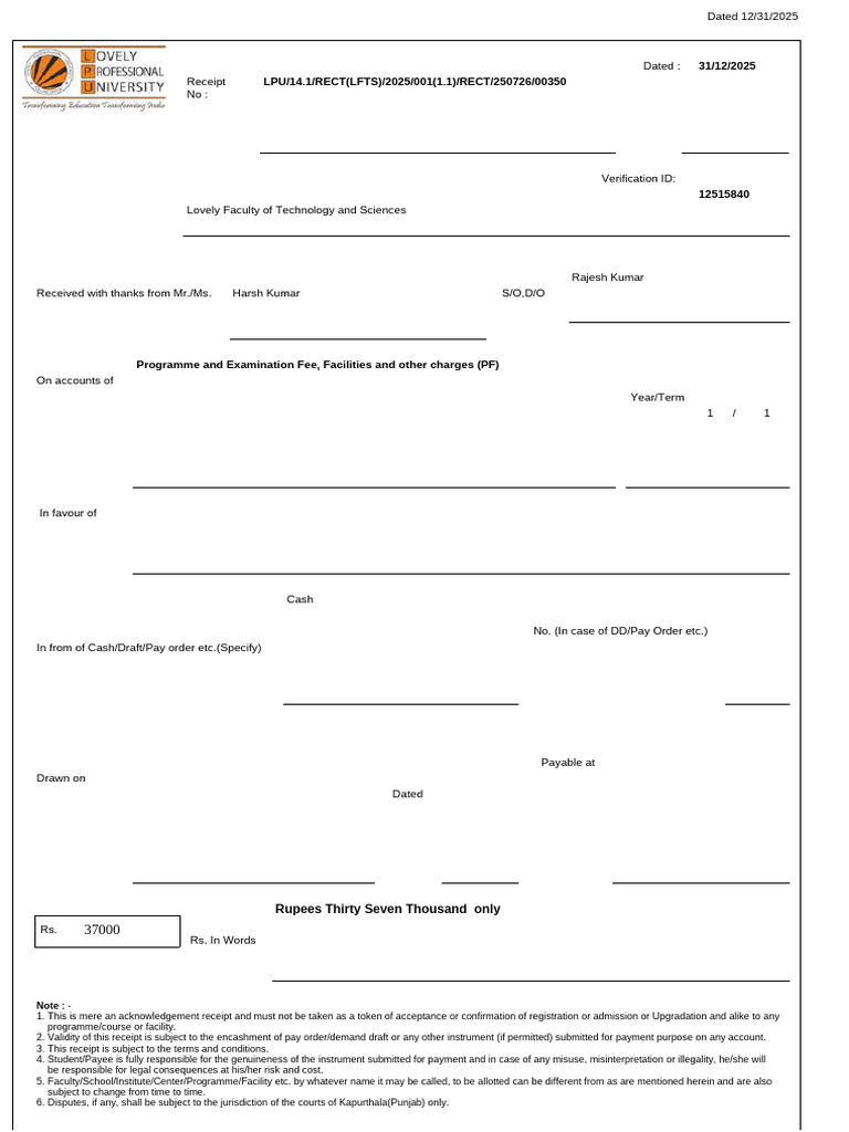 Receipt for Programme Fee Payment | PDF | Payments