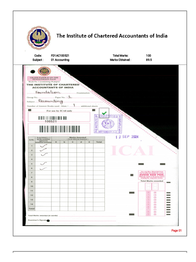 Code: FD1AC100521 Total Marks: 100: Subject 01 Accounting: Marks ...