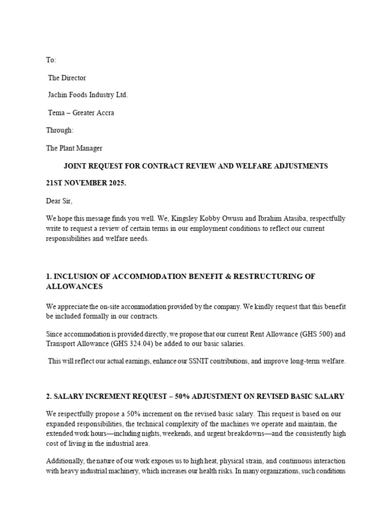 Contract Review and Welfare Request | PDF | Cost Of Living | Salary
