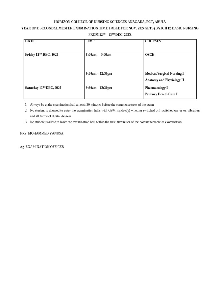 Year One First Semester Resit Exam Time Table Batch B, Dec.2025 | PDF