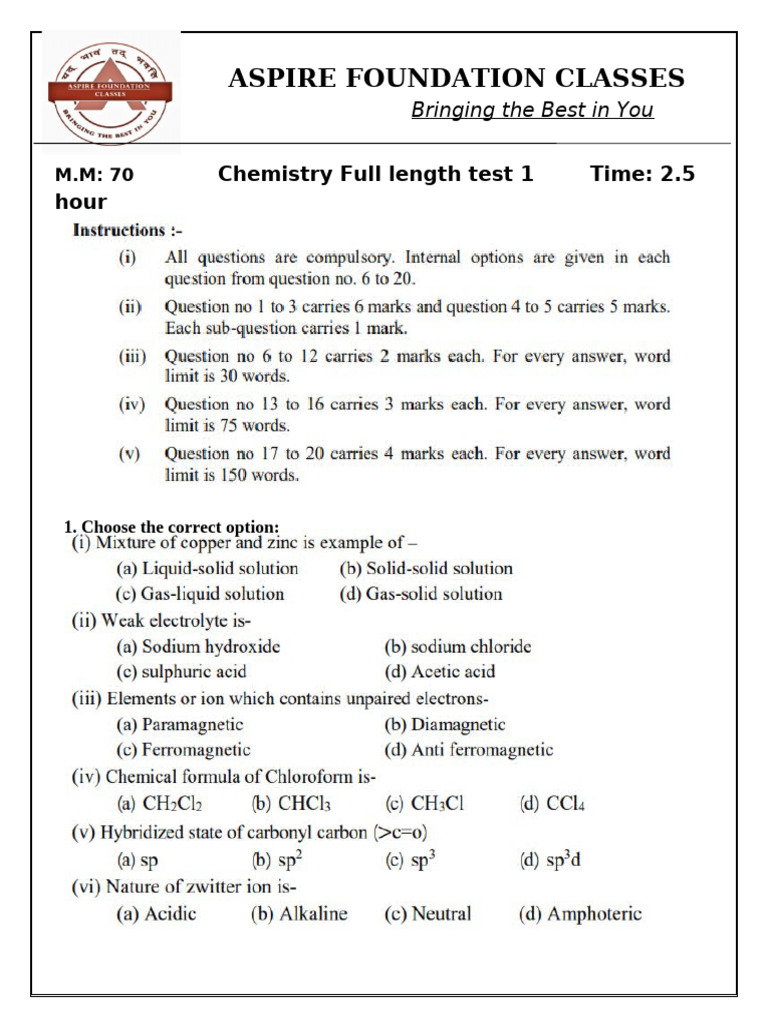 MP Board Chemistry Full Length Test XII Class | PDF | Amine ...