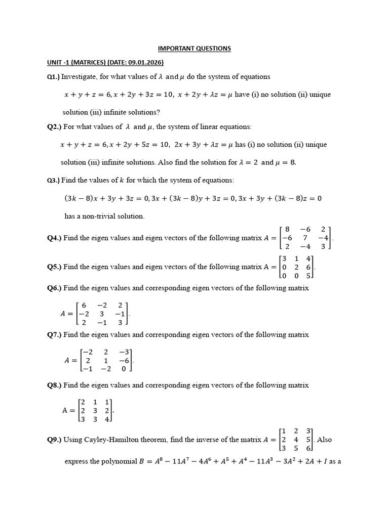 Important Questions on Matrices and Calculus | PDF | Eigenvalues And ...