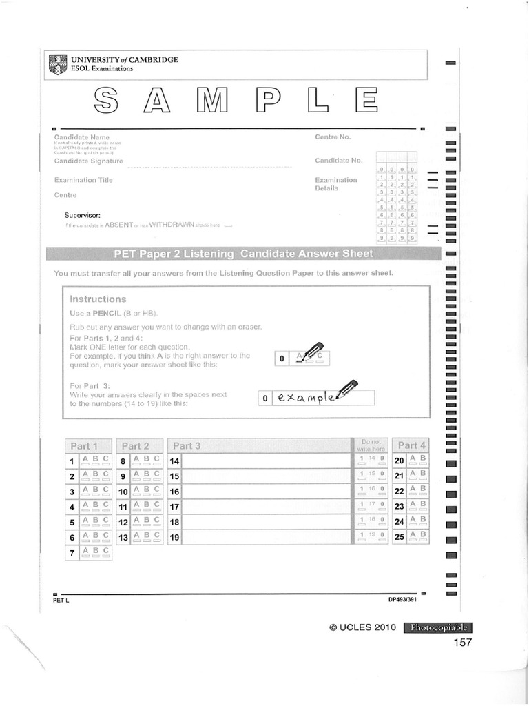 B1 Preliminary L Sample Answersheet | PDF