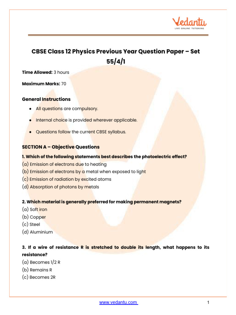 CBSE Class 12 Physics Question Paper Set 1 (55!4!1) 2025 PDF With Solutions | PDF | Rectifier ...