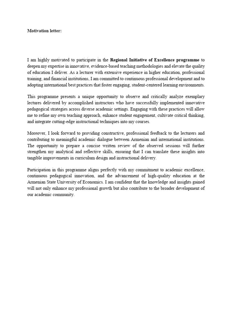 Motivation Letter for Teaching Excellence Program | PDF