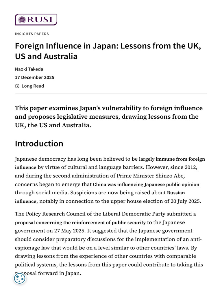 Foreign Influence in Japan Lessons From The UK, US and Australia | PDF ...