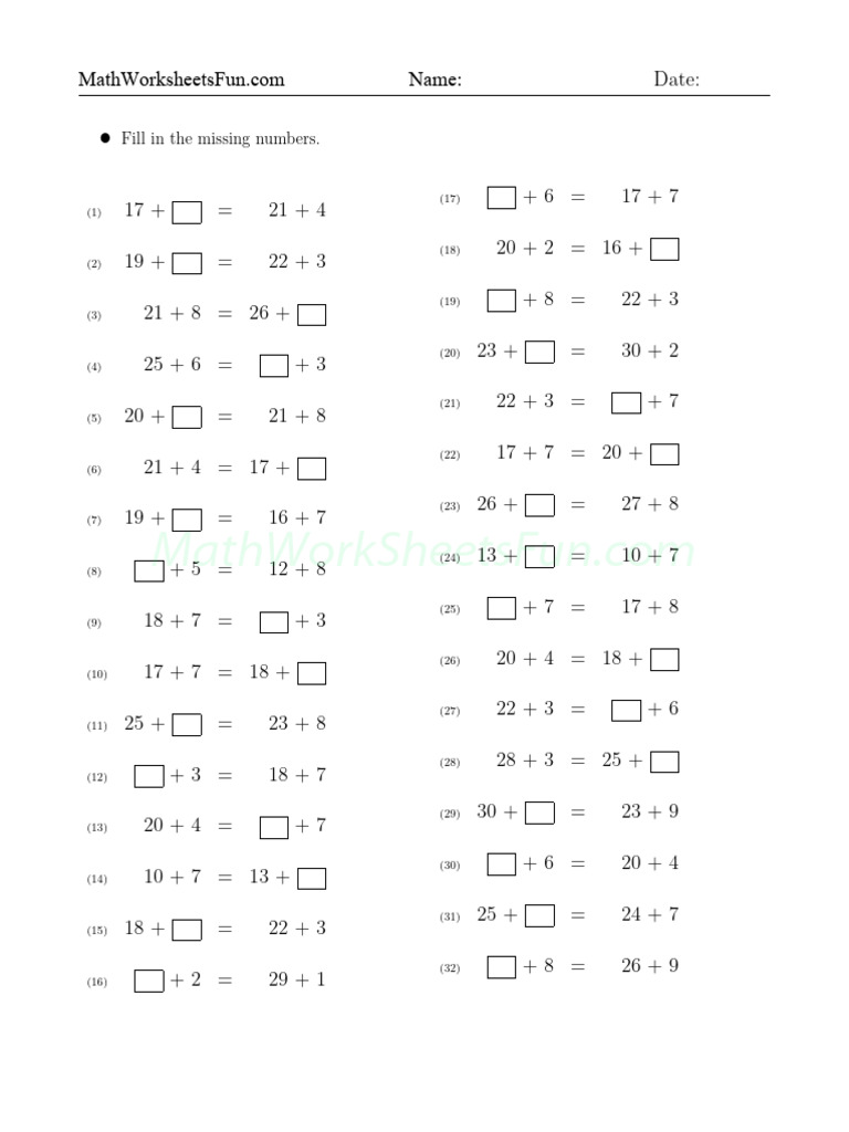 Addition Equivalent Expressions - Fill Missing Numbers 1 | PDF