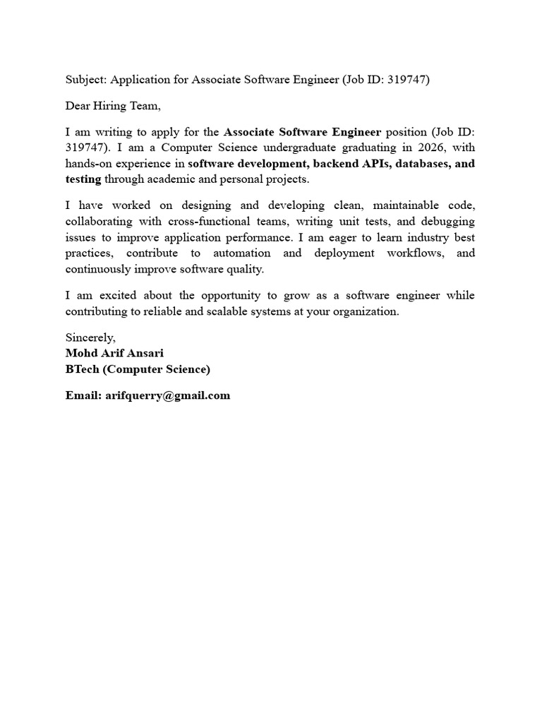 Offer Letter For Associate Software Engineer (Job ID - 319747) | PDF