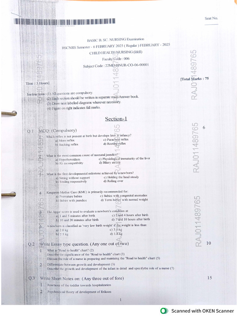 Child Health Nursing - I &II Regular 2025 Qus Paper | PDF