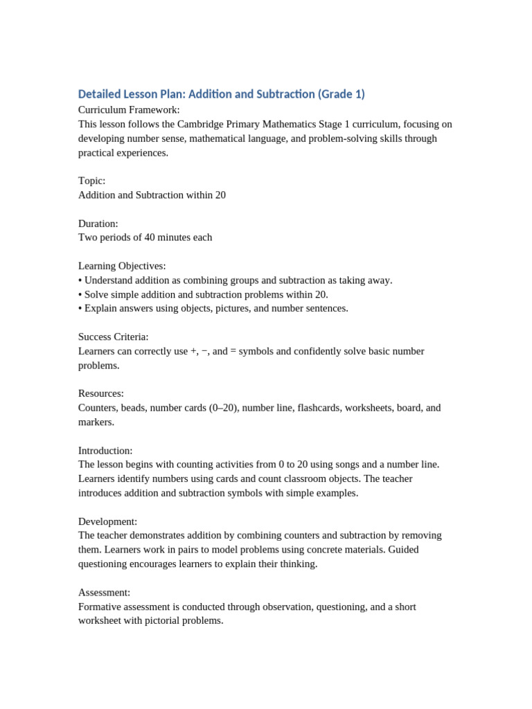 Grade 1 Addition and Subtraction Lesson Plan | PDF