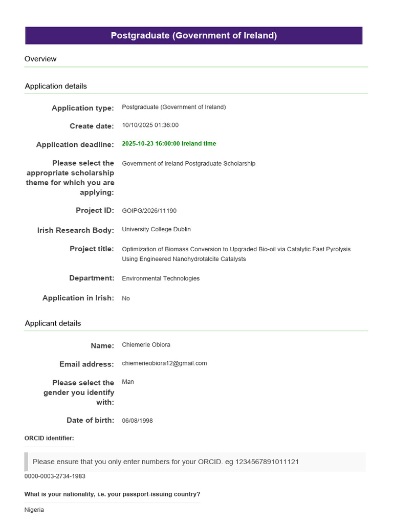 Ireland Postgraduate Scholarship Application | PDF | Academic Degree