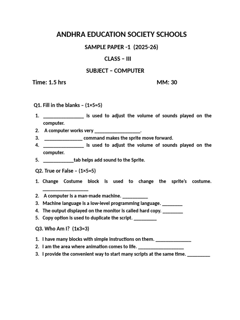 Class 3 Computer Sample Paper 2025-26 | PDF