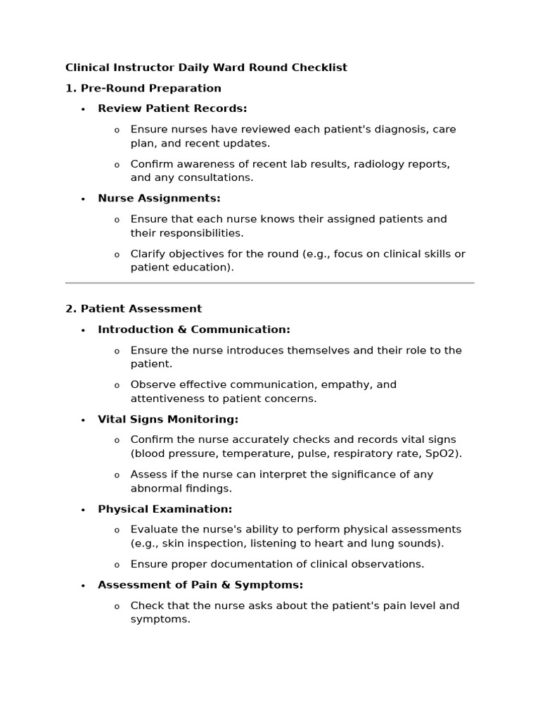 Clinical Instructor Ward Round Checklist | PDF | Nursing | Physical ...