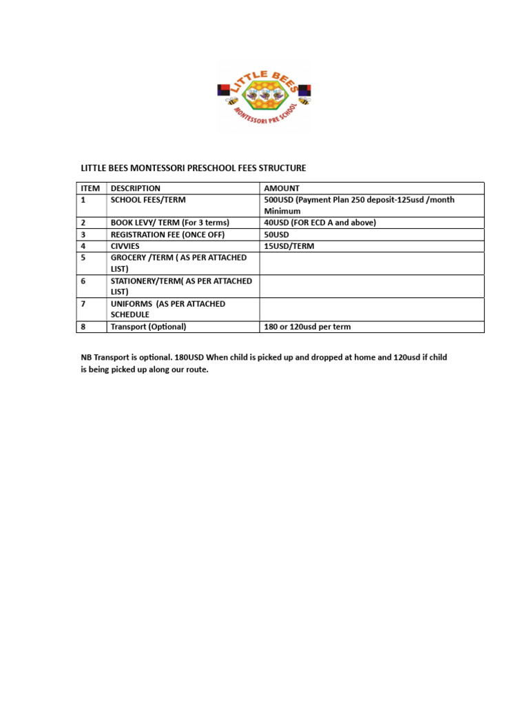Little Bees Montessori Preschool Fees | PDF