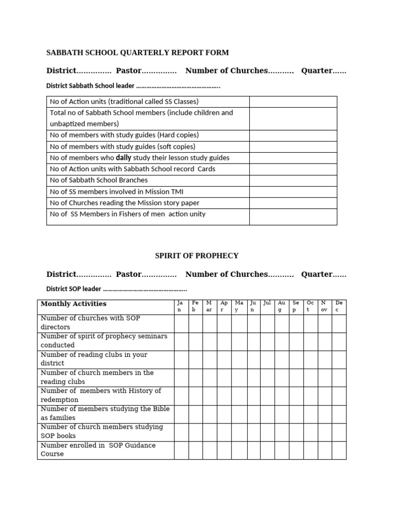 Sabbath School Quarterly Report Form | PDF