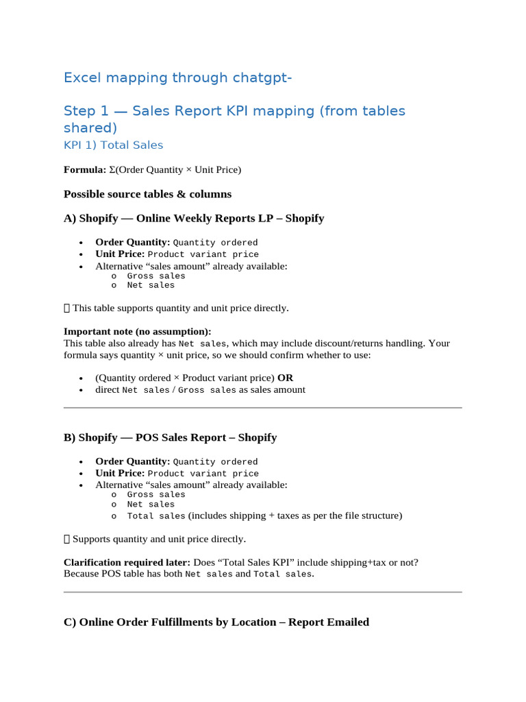 Excel KPI Mapping for Sales Reports | PDF | Inventory | Prices