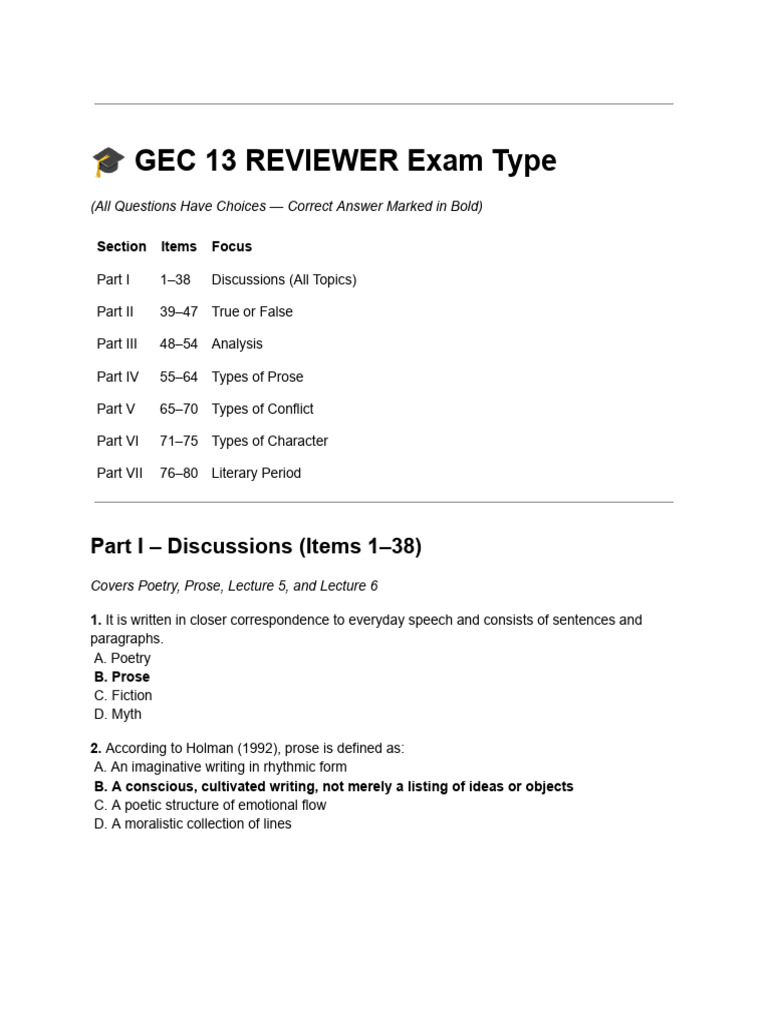 GEC 13 Exam Reviewer: Prose & Poetry | PDF | Poetry | Narrative
